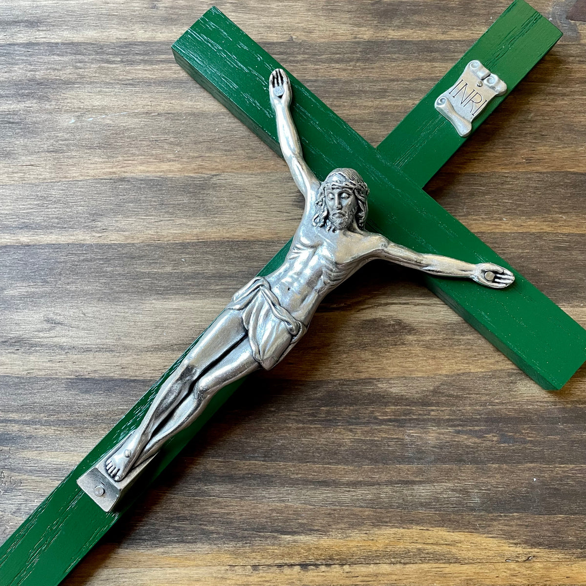 13" Green Wood Wall Crucifix – Catholic Mercy